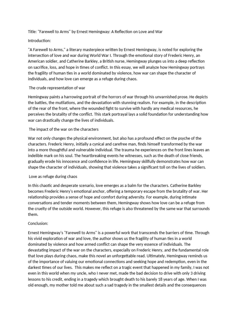 A Farewell To Arms Essay - Assignment 1 | PDF | Ernest Hemingway