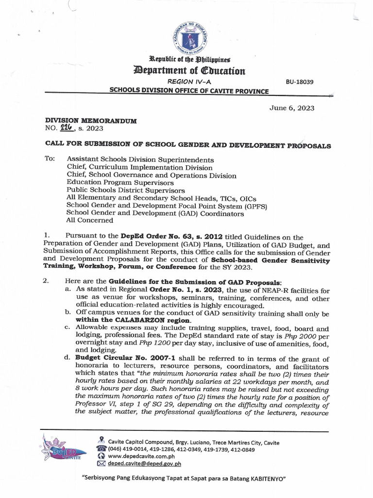 DM 226 2023 Call For School GAD Proposals | PDF