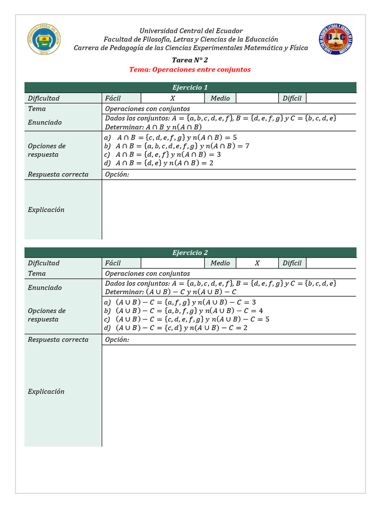 T2 Operaciones Entre Conjuntos Tarea | PDF | Matemáticas | Science