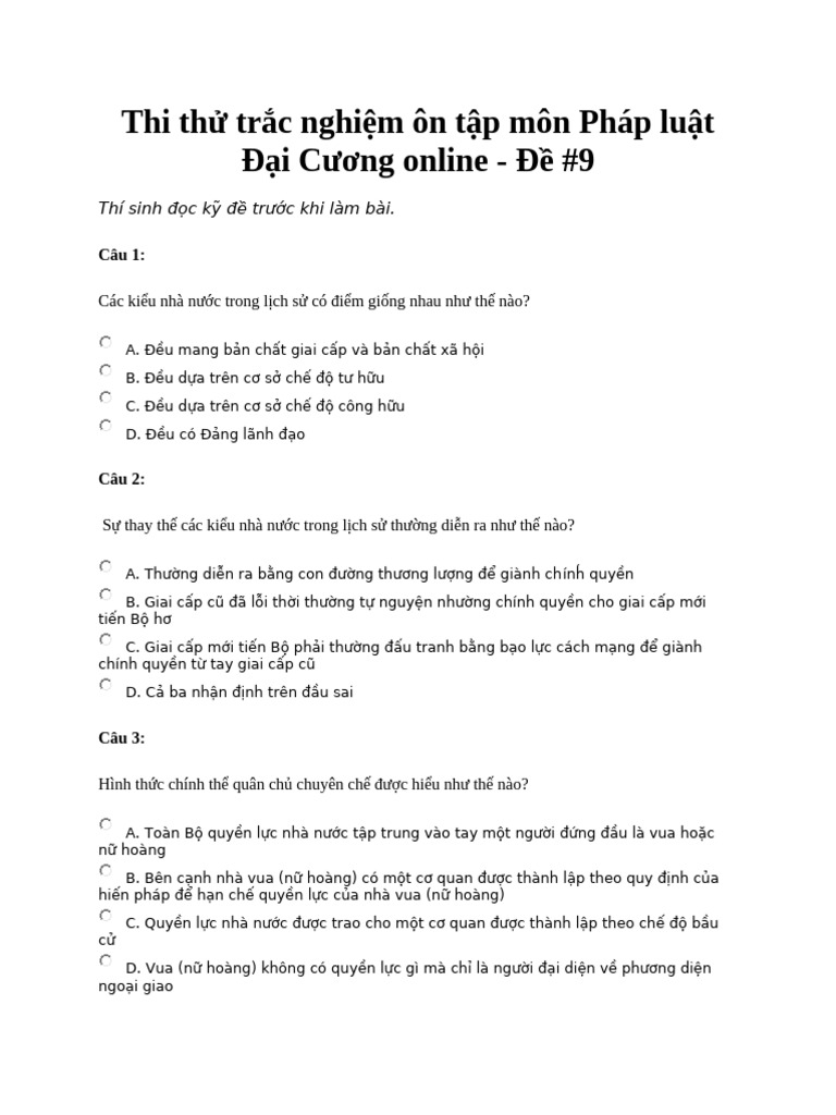 NN Thi thử trắc nghiệm ôn tập môn PLDC 9 | PDF