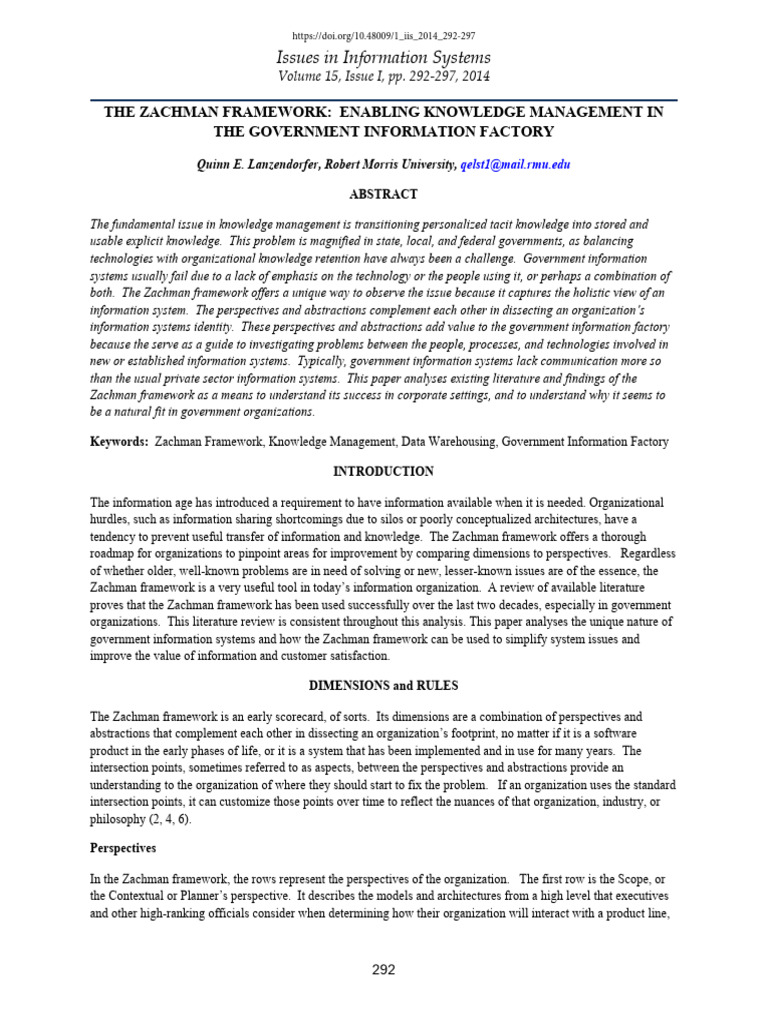 THE ZACHMAN FRAMEWORK ENABLING KNOWLEDGE MANAGEMENT | PDF | Knowledge Management | System