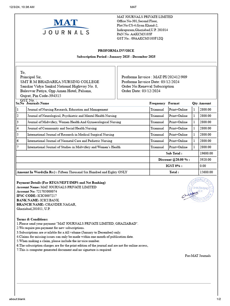 SMT R M BHADARKA NURSING COLLEGE - Proforma Invoice 2025 | PDF | Health ...