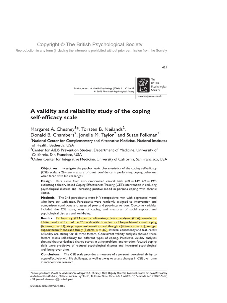 Chesney Et Al, Coping Self-Efficacy Scale | PDF | Self Efficacy | Factor Analysis