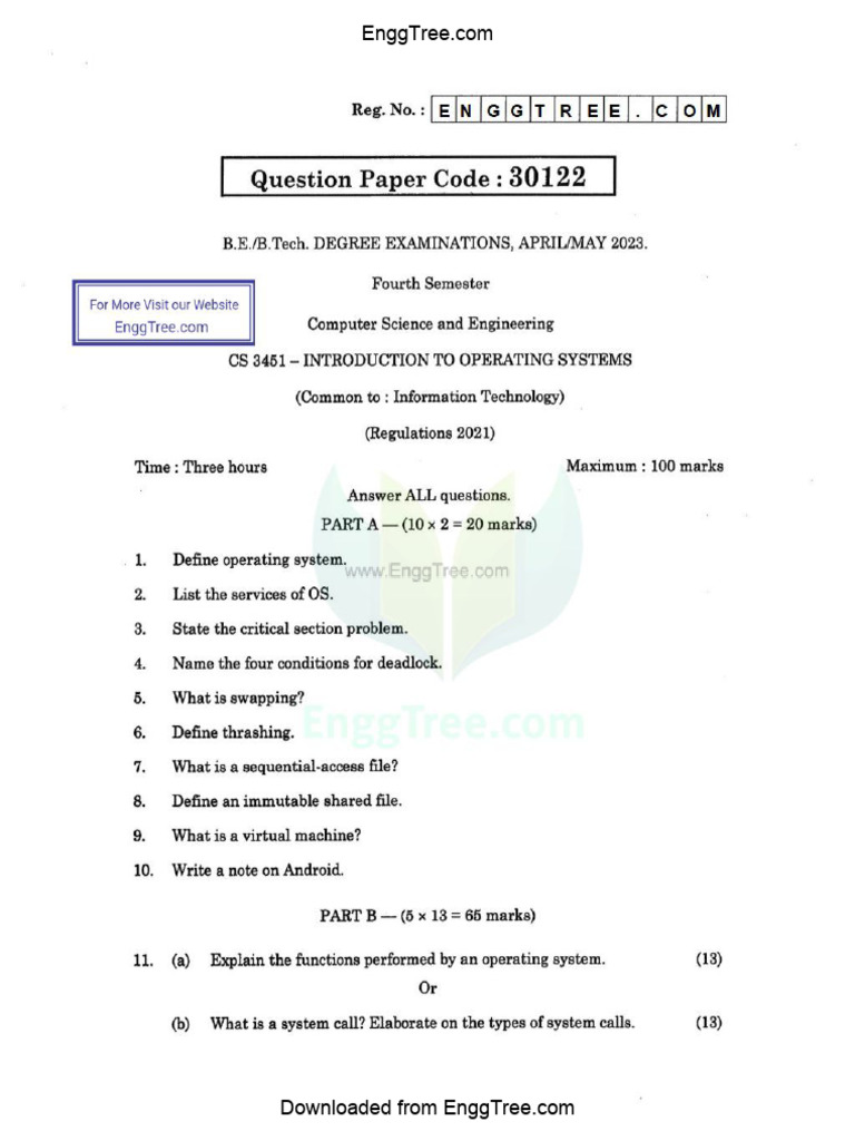CS3451 Introduction to Operating Systems Apr May 2023 Question Paper Download | PDF