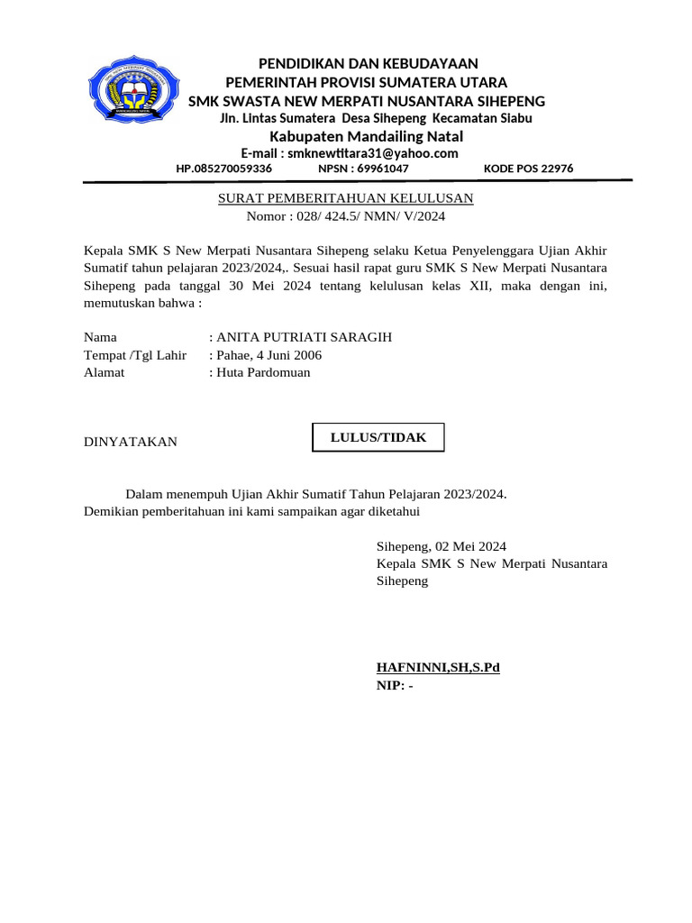 Surat Kelulusan 2024 | PDF
