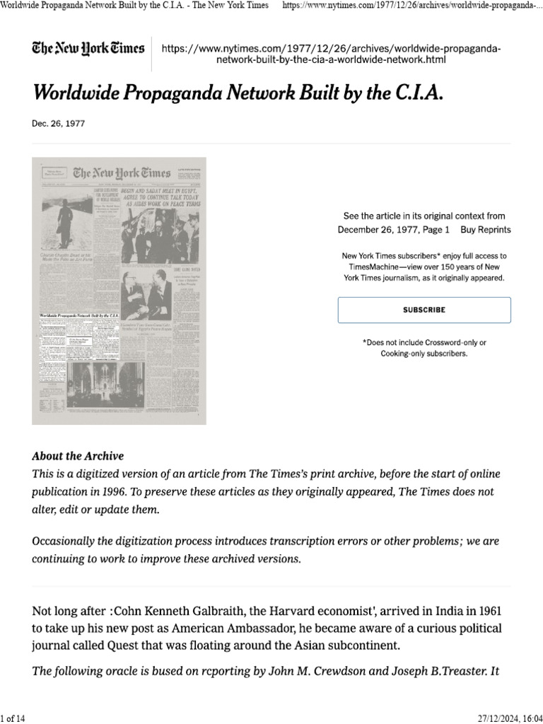 NYTimes 1967 - Worldwide Propaganda Network Built by The CIA | PDF