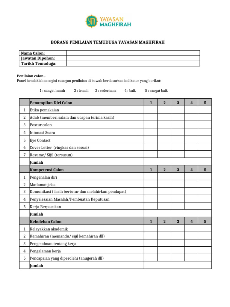 Latest Borang Penilaian Temuduga | PDF