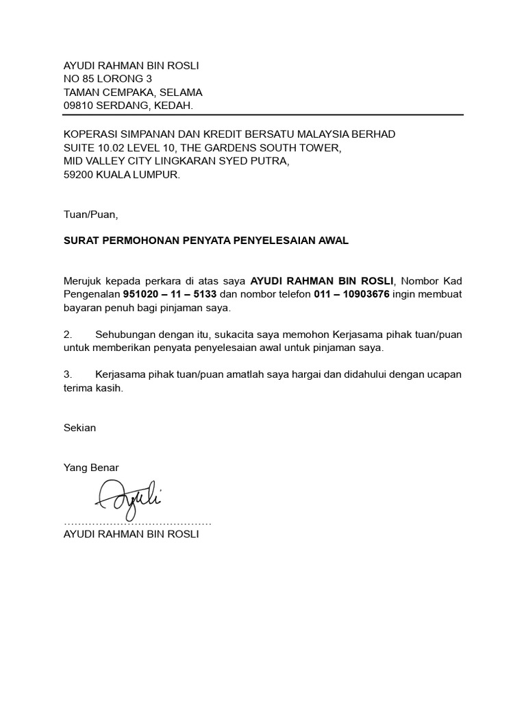 Surat Penyata Penyelesaian - Ayudi | PDF