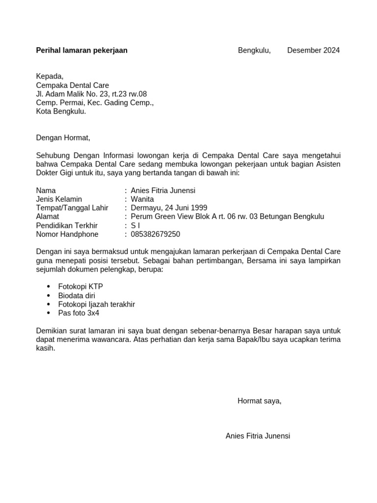 SURAT LAMARAN PERKERJAAAN ANIS | PDF