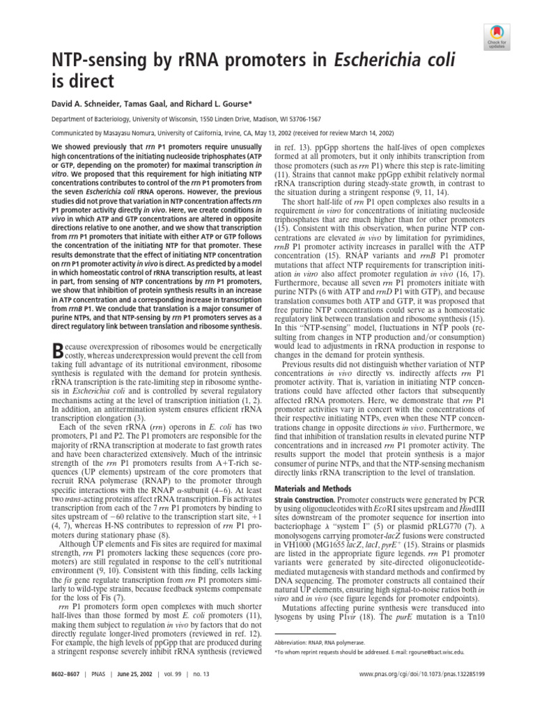 Schneider Et Al 2002 NTP Sensing by Rrna Promoters in Escherichia Coli ...