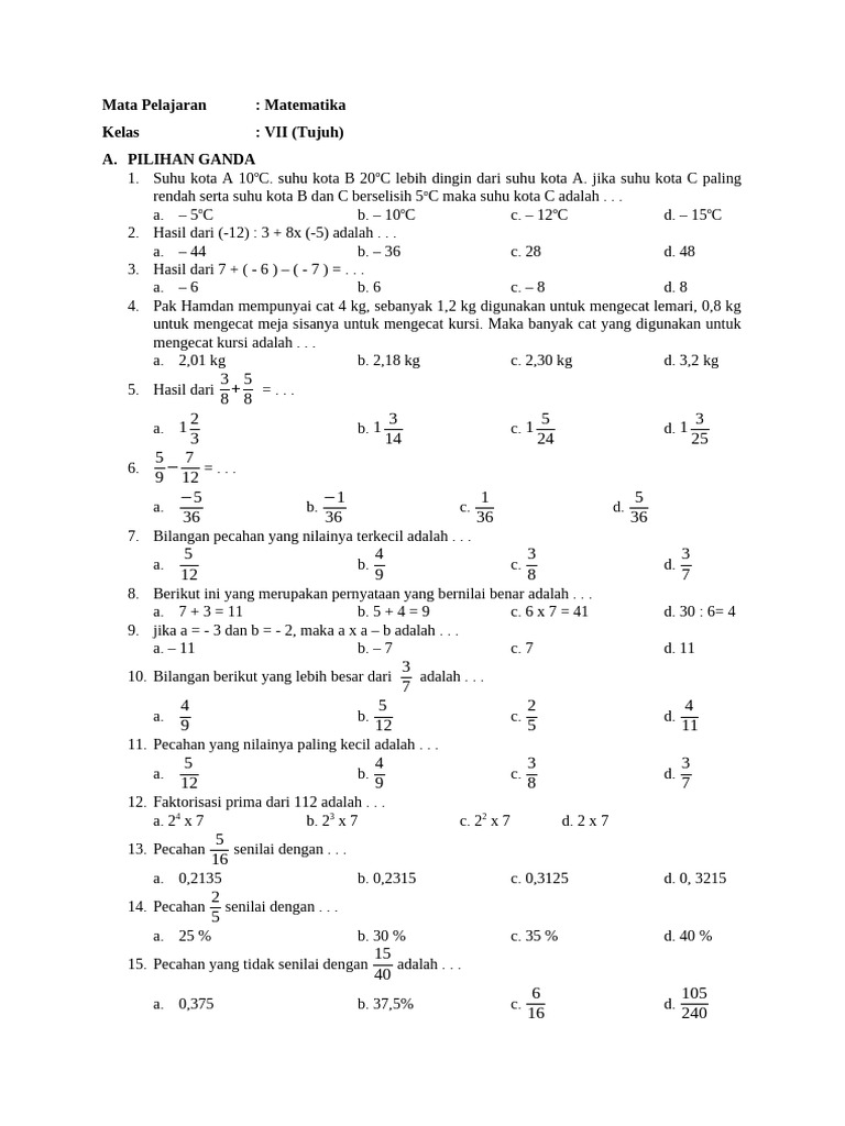 Bagi Soal Mtk Kelas 1 Smp | PDF