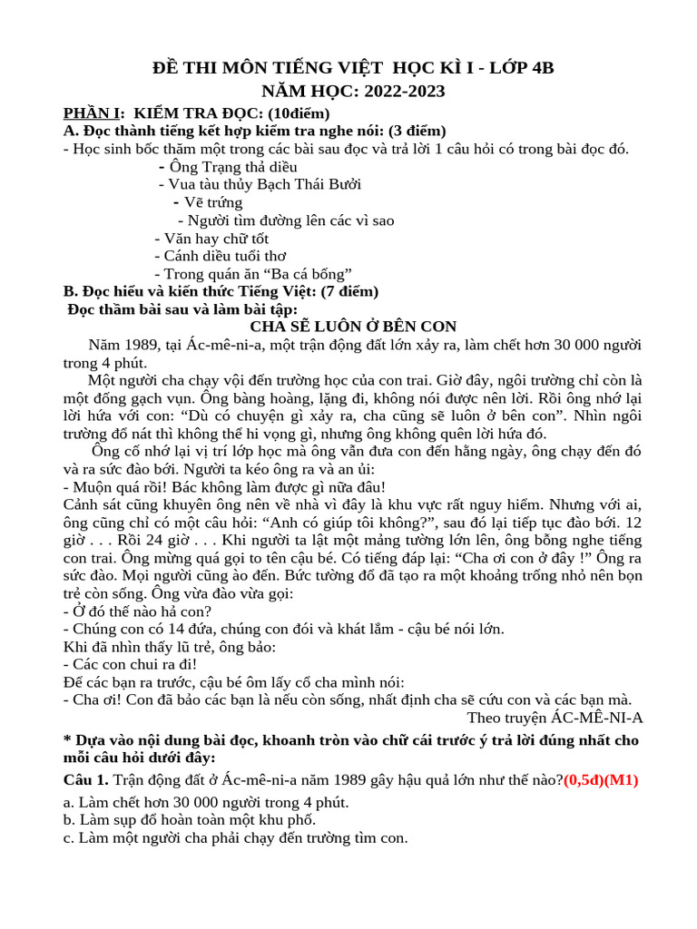 De Thi Hoc Ki 1 Mon Tieng Viet Lop 4 Nam 2022 2023 de 1 | PDF