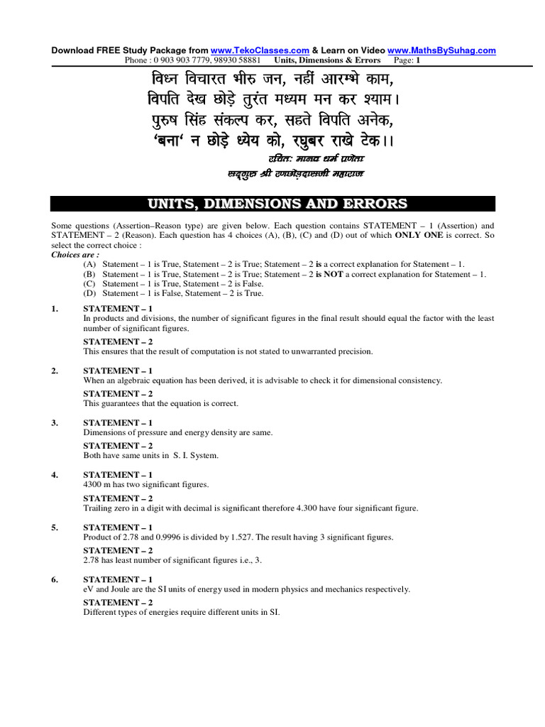 Units, Dimensions & Errors TYPE 2 PART 1 OF 1 ENG | PDF | Quantity | Physics