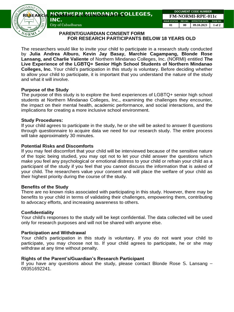 Parent Guardian Consent Form | PDF | Consent | Psychology