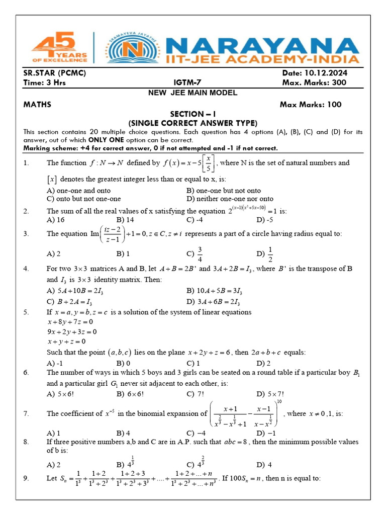10.12.2024-Sr. Star Super Chaina Igt-7 - QP | PDF | Inductor | Matrix (Mathematics)