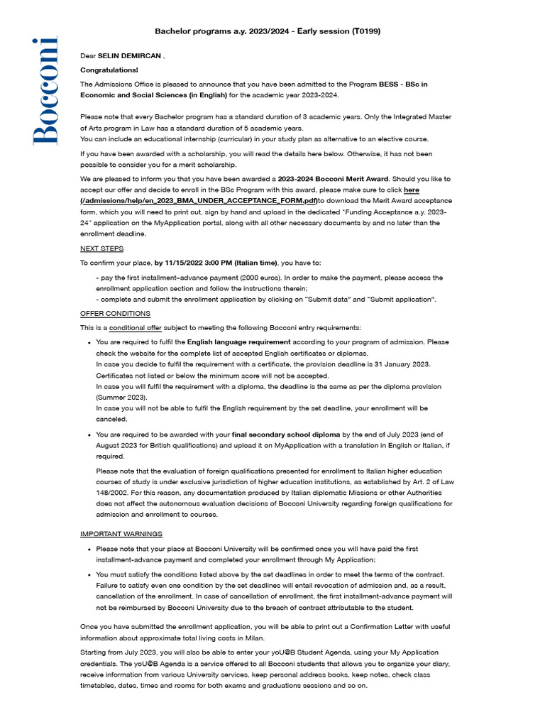 Acceptance Letter Bocconi | PDF | Diploma | University And College ...