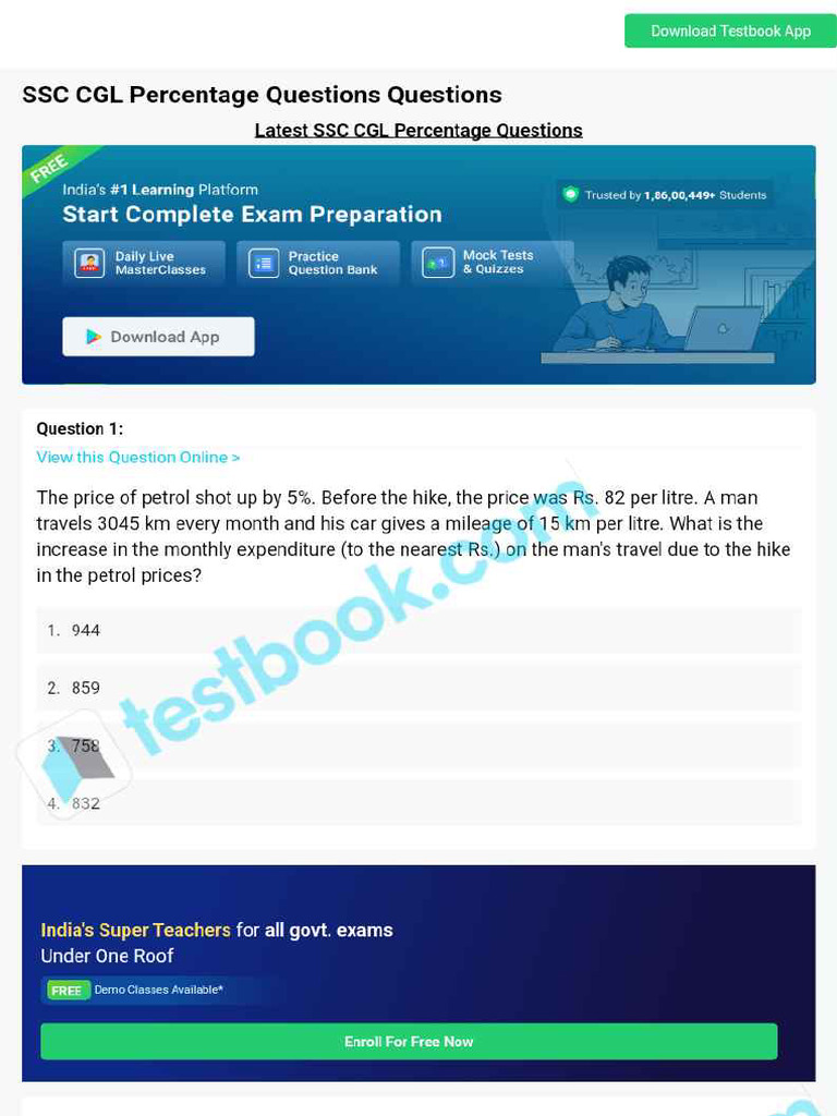 SSC CGL Percentage Questions 637ef18b14906c7733f9a41a | PDF