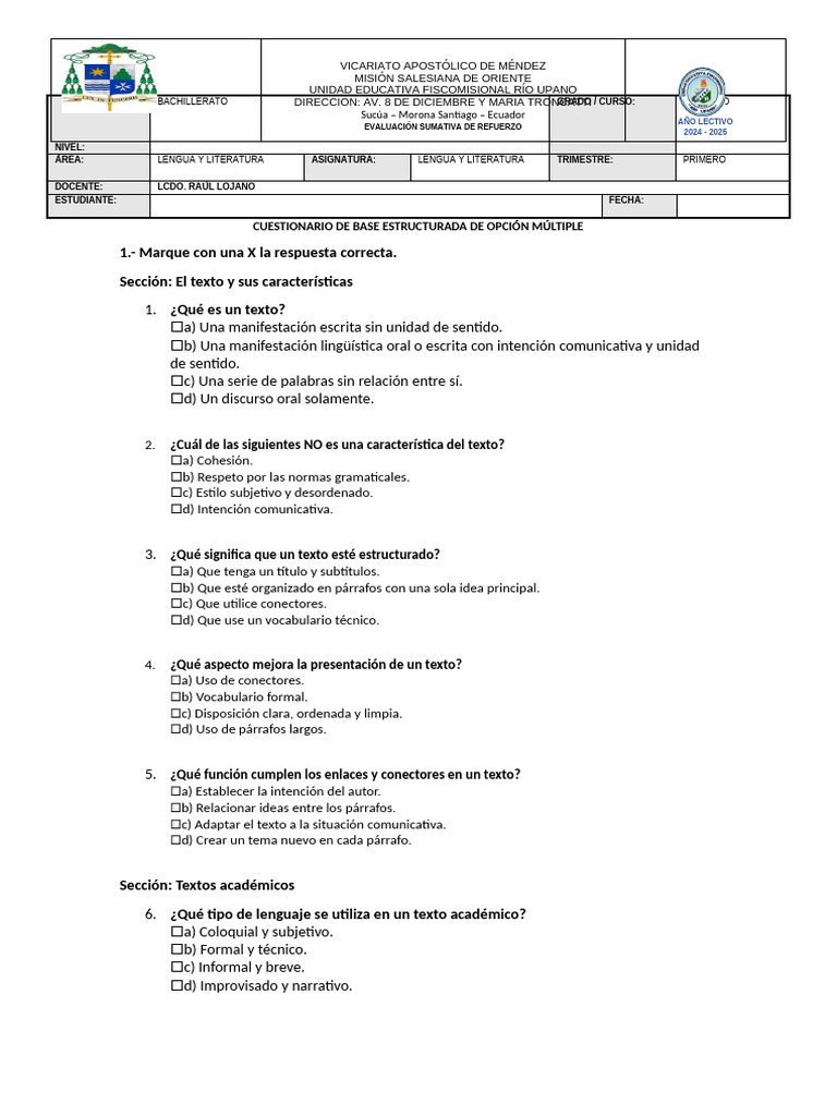 Trabajo para Refuerzo de Segundo Bgu 2024-2025 | PDF | Información | Ensayos