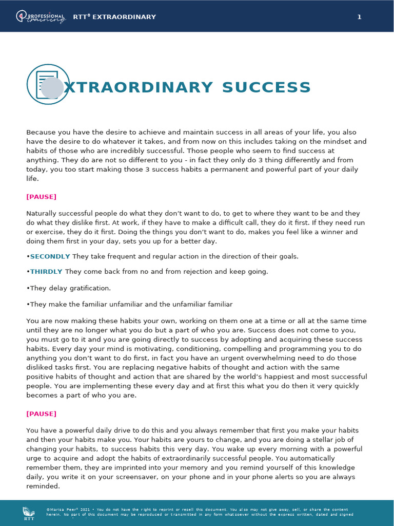 RTT® Extraordinary Success - Script | PDF | Mind | Pleasure