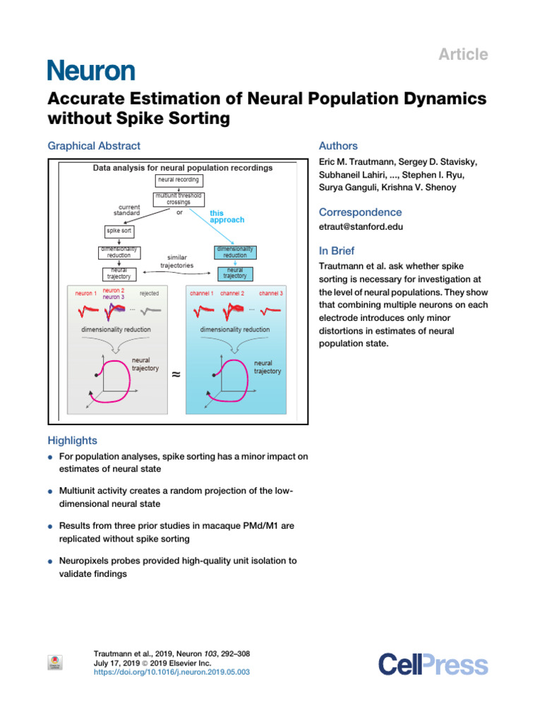 Accurate Estimation of Neural Population Dynamics without Spike Sorting | PDF | Principal ...