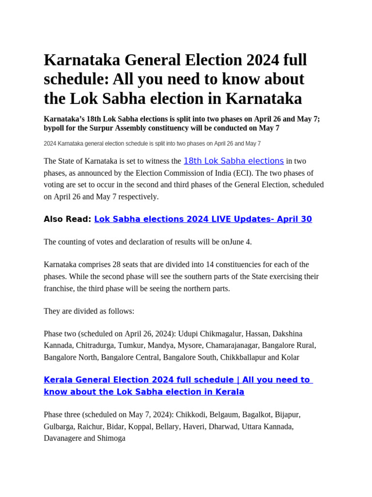 Karnataka Lok Sabha Election 2024 Schedule | PDF | Elections | Government