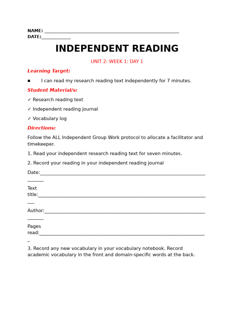 Independent Reading Journal Guide | PDF
