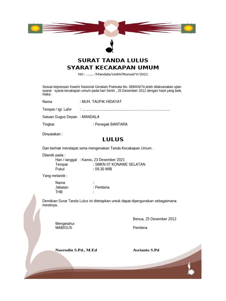 Surat Tanda Lulus Pramuka Bantara | PDF