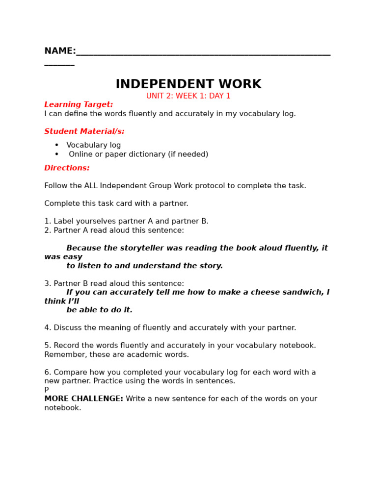 independent WORK-UNIT 2 WEEK 1 DAY 1 | PDF