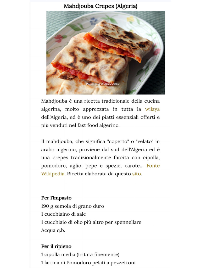 Ricetta Pane Mahjouba Crepes (Algeria) | PDF