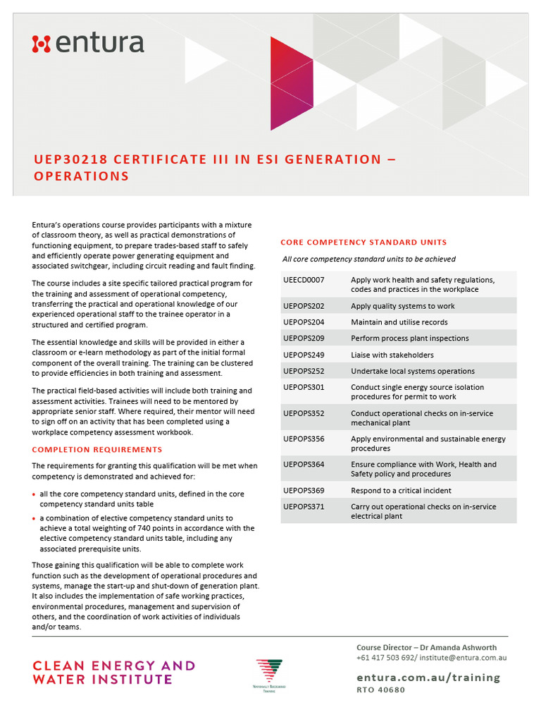 Uep30218 Certificate Iii in Esi Generation Operations Flyer | PDF | Hydroelectricity ...