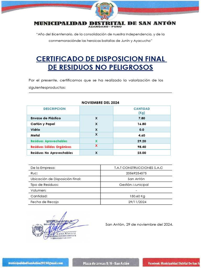 Certificado de Disposición Final - NOV | PDF