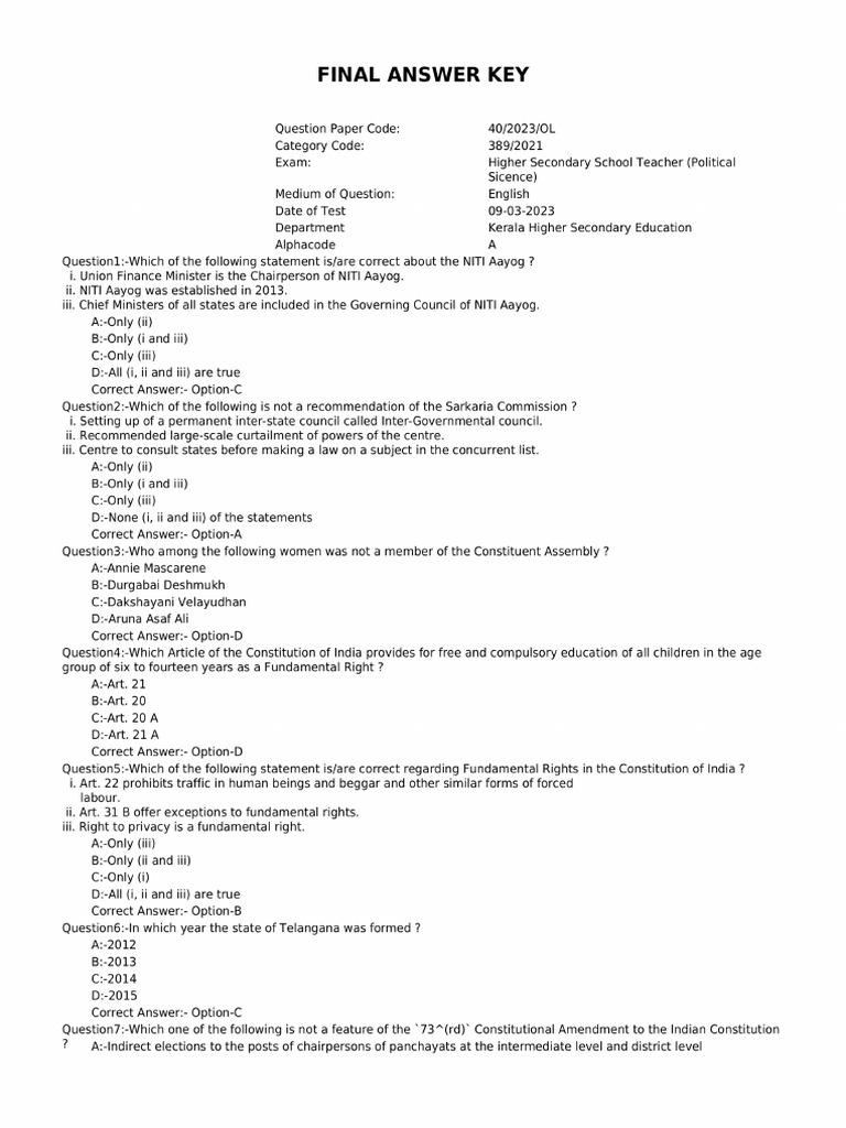 Final Answer Key HSST Political Science | PDF