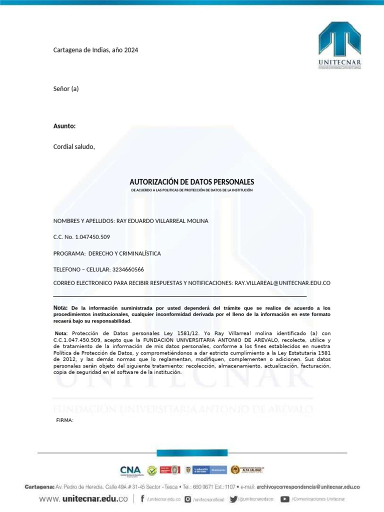 Formato Autorizacion de Datos Personales | PDF