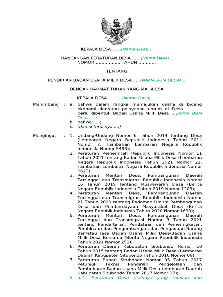 Draft Perdes Pendirian BUM Desa (Terbaru) | PDF