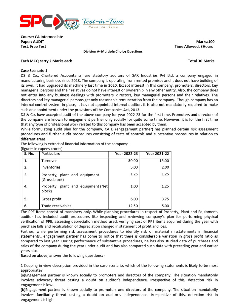 Audit Free Test QP | PDF | Auditor's Report | Audit