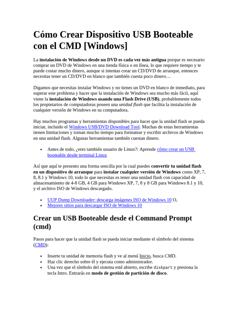 Cómo Crear Dispositivo USB Booteable Con El CMD | PDF | Memoria USB | Arranque