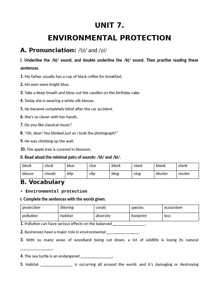 Bài Tập Anh 8 Global Lưu Hoàng Trí 7. Unit 7. Environmental Protection | PDF | Climate Change | Elk