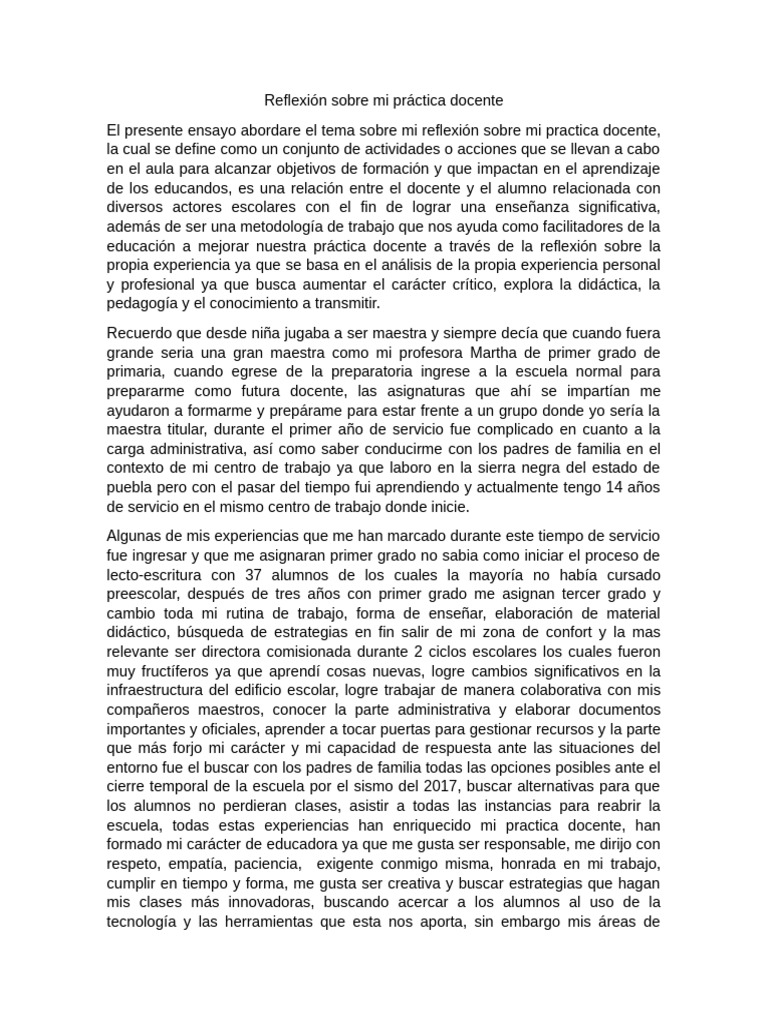 Reflexión Sobre Mi Práctica Docente | PDF | Maestros | Aprendizaje