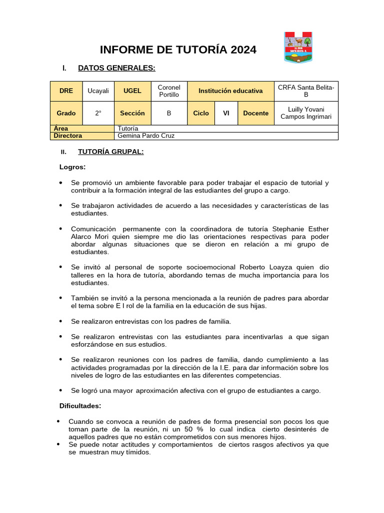 INFORME DE TUTORÍA 2024 | PDF | Sicología | Aprendizaje