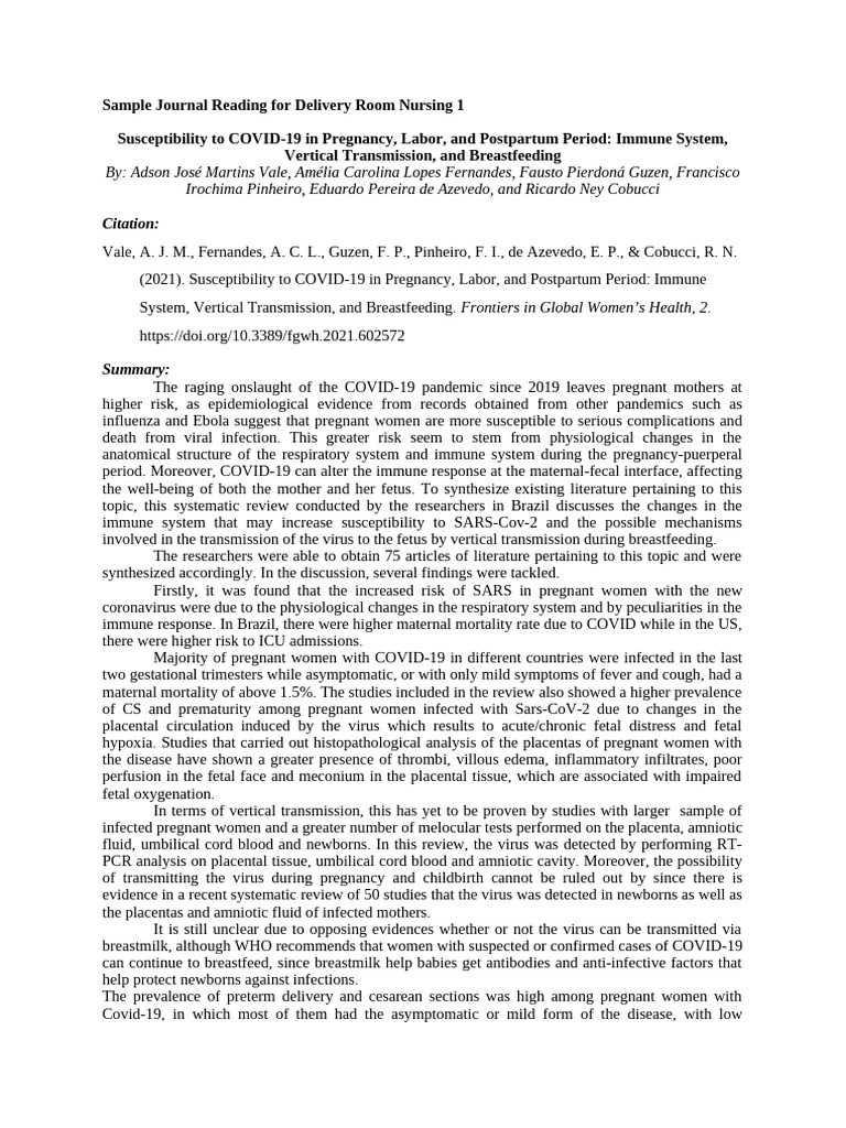Sample Journal Reading For Delivery Room Nursing 1 | PDF | Placenta ...