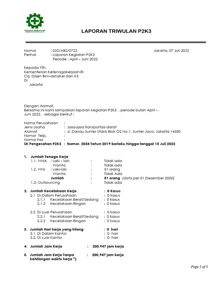CONTOH P2K3 - Laporan Triwulan - Apr - Jun 2022 | PDF