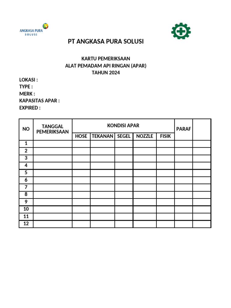 Kartu pemeriksaan apar | PDF