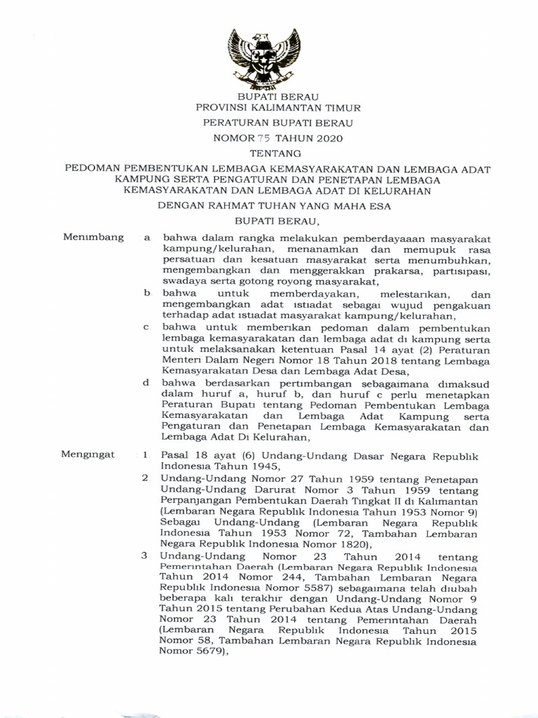 Perbup Nomor 75 Tahun 2020 Tentang Pedoman Pembentukan Lembaga Kemasyarakatan Dan Lembaga Adat ...