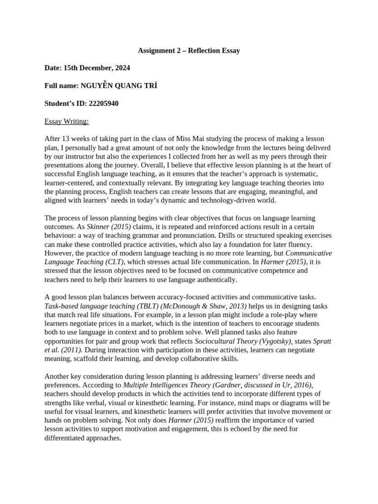 Assignment 2 - Reflection Essay | PDF | Learning | Pedagogy