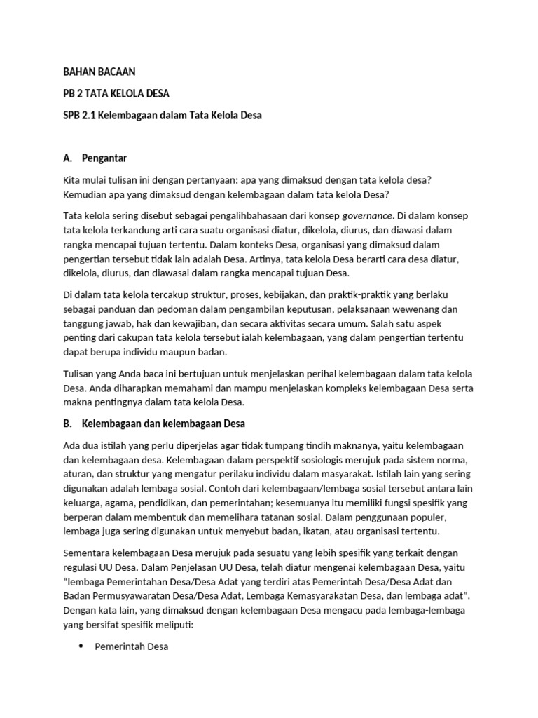 Bahan Bacaan SPB 2.1 Kelembagaan dalam Tata Kelola Desa | PDF