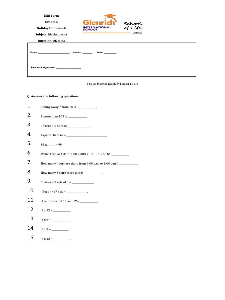 Gr 3 Winter Holiday Homework, 24-25 | PDF