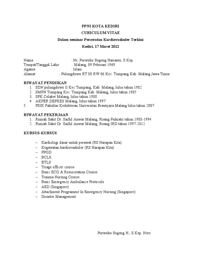 CV Pembicara Seminar & Workshop PPNI Kota Kediri | PDF