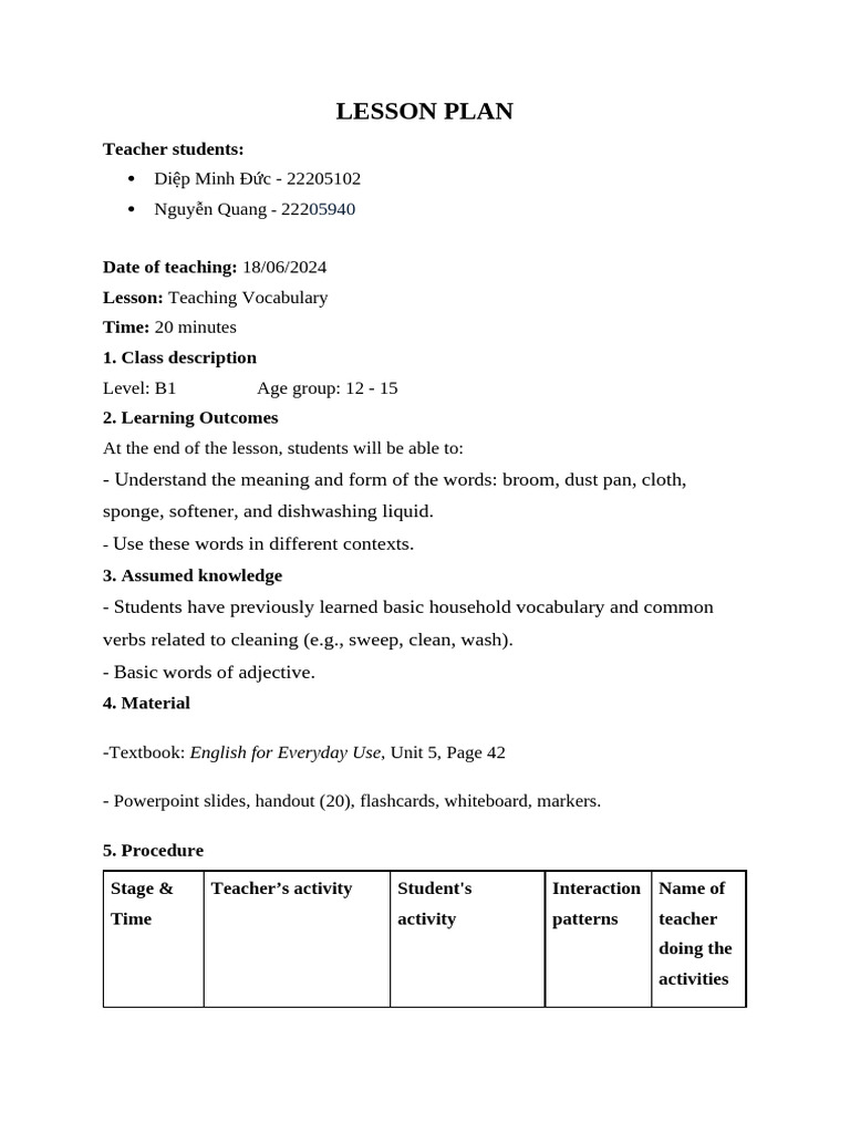 Vocabulary Lesson Plan: Cleansing Tools | PDF