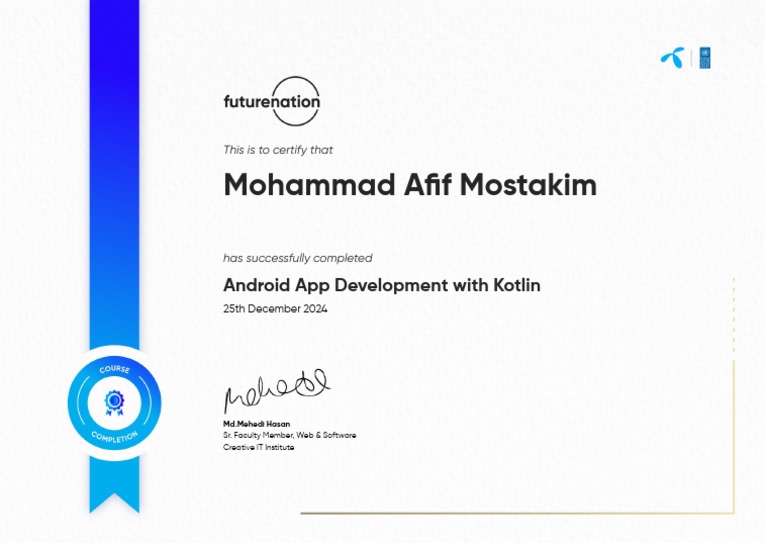 Android App Development With Kotlin-CERTIFICATE | PDF