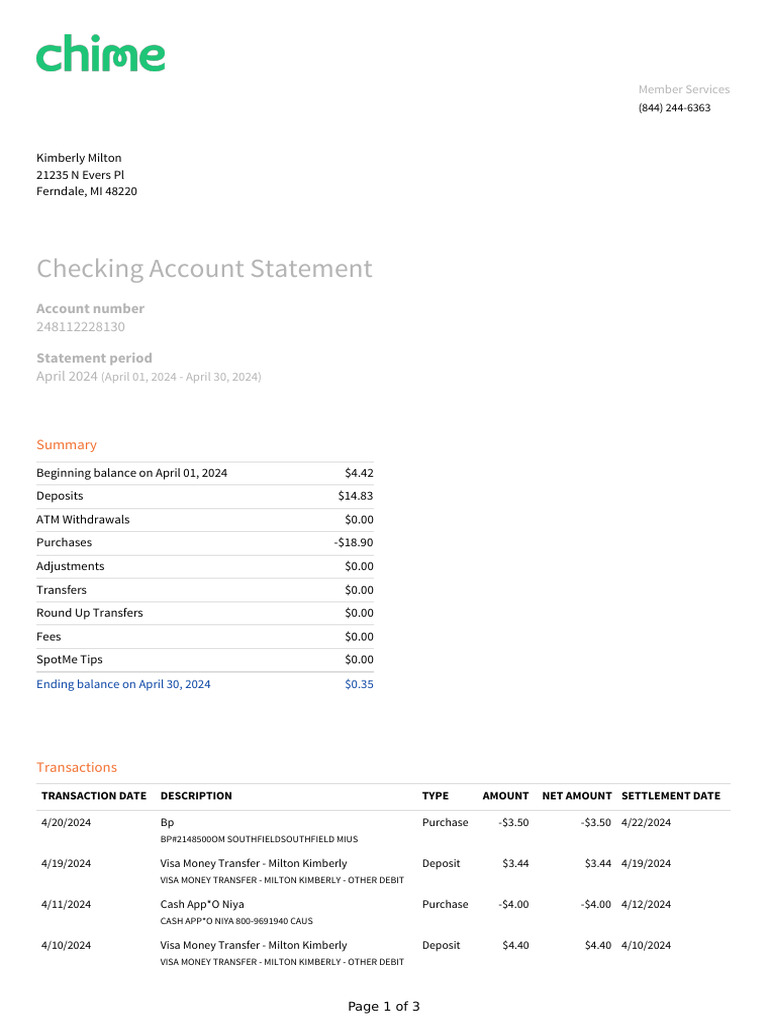 Kimberly Milton Checking Estatement | PDF | Visa Inc. | Debit Card